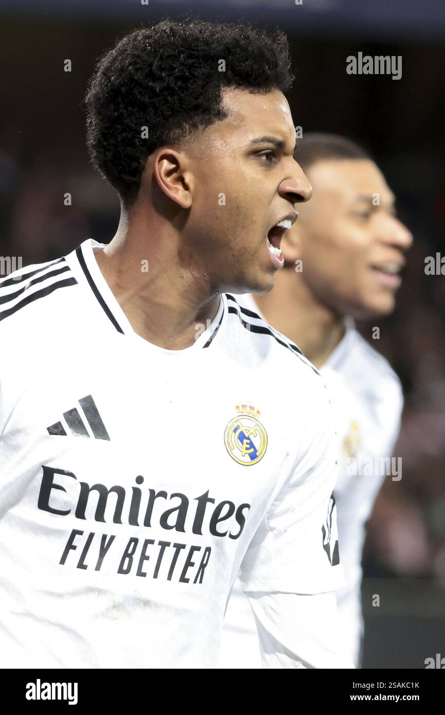 Rodrygo of Real Madrid celebrates his second goal with Kylian Mbappe ...