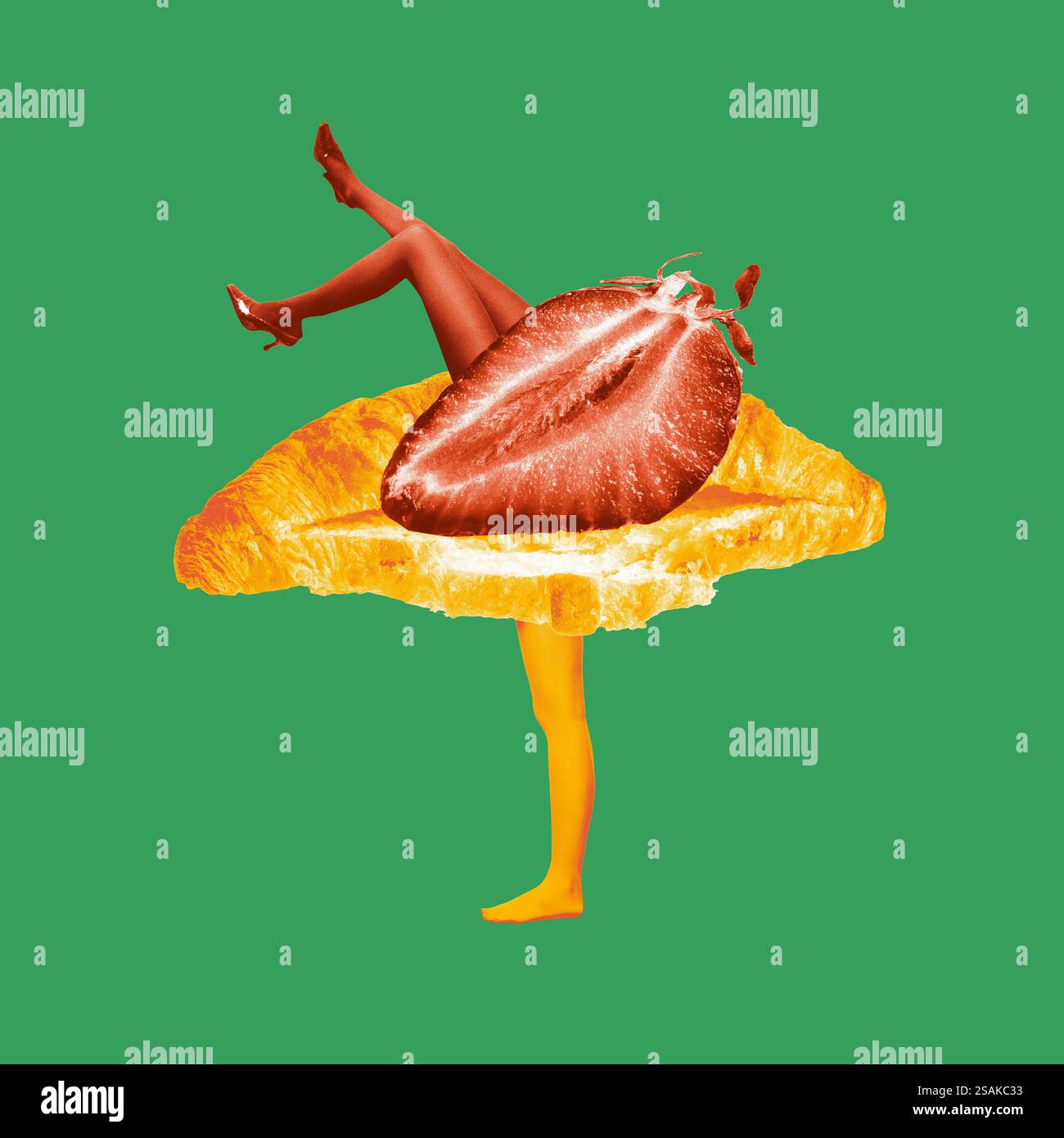 Minimalistic surreal artwork. Croissant with strawberry and human legs ...