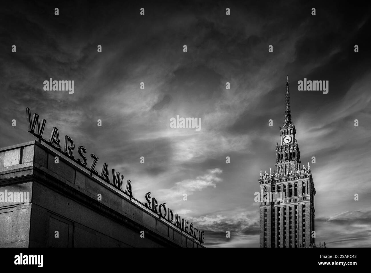 Black and White View of the Warszawa Śródmieście Sign and the Palace of ...