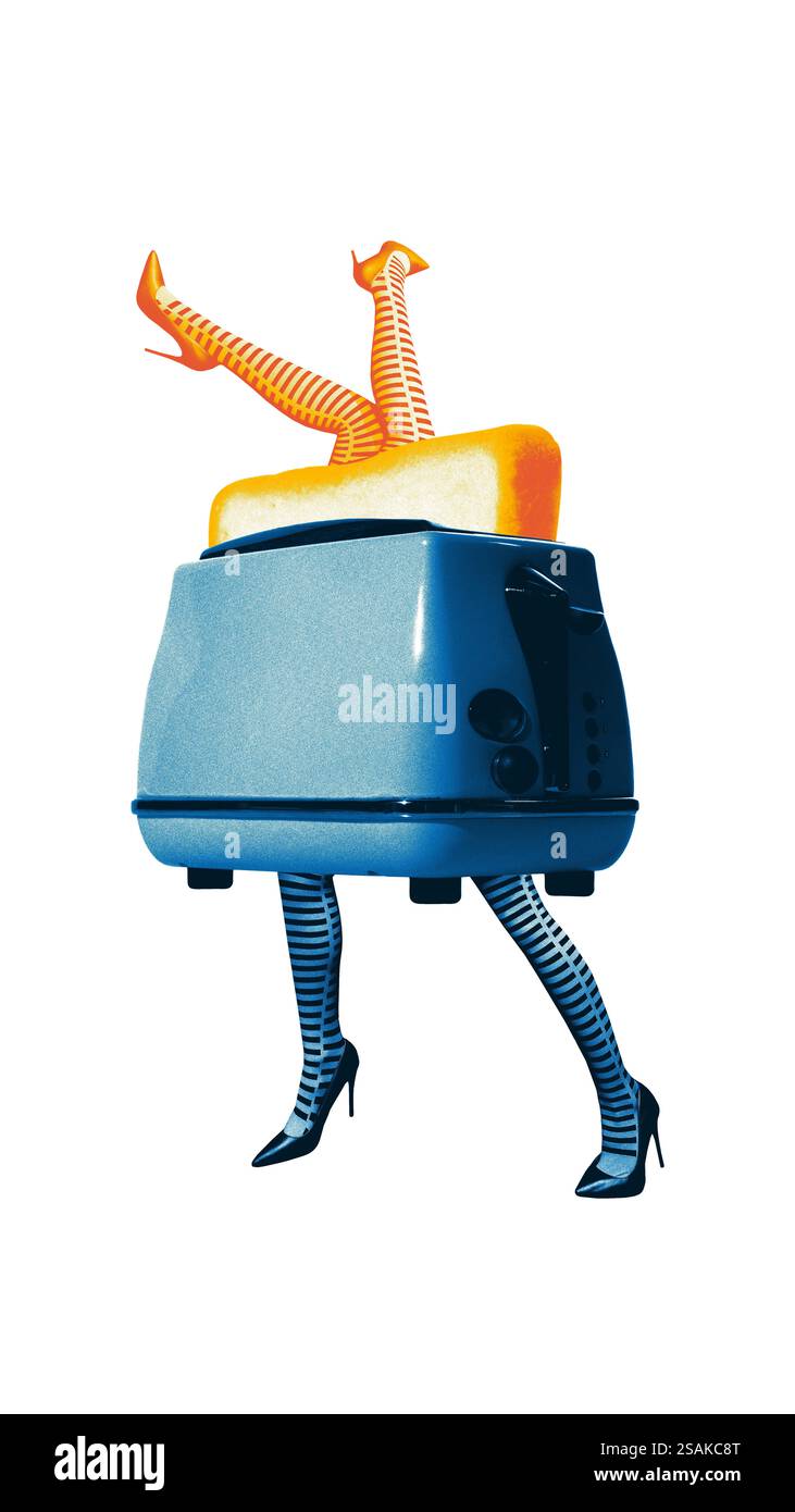 Minimalistic surreal artwork. Toaster with human legs ejects toast with additional legs ...