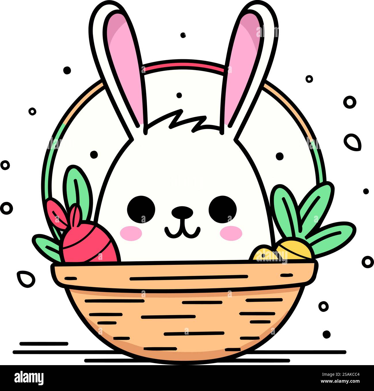 Cute Easter bunny in basket with eggs. Vector illustration in flat ...