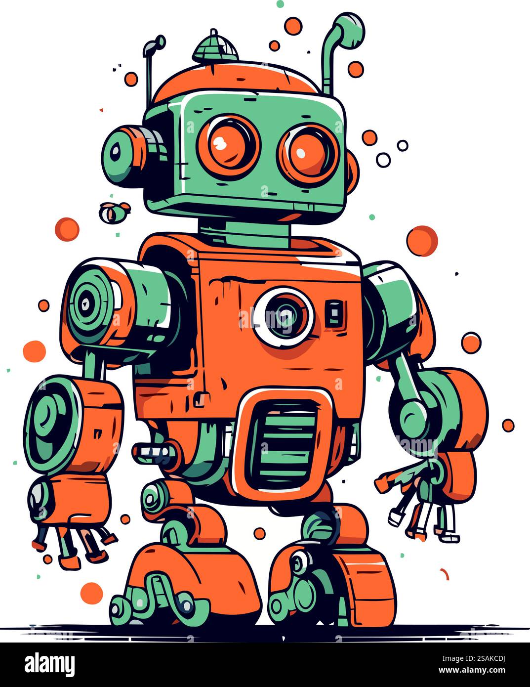 Retro robot. Hand drawn vector illustration in cartoon comic style ...