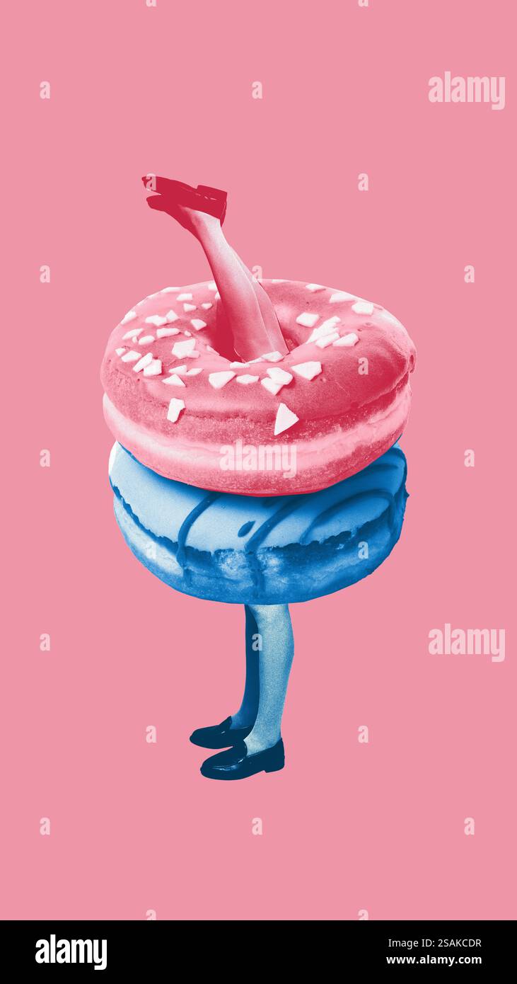 Contemporary art collage. Two stacked donuts with human legs create ...