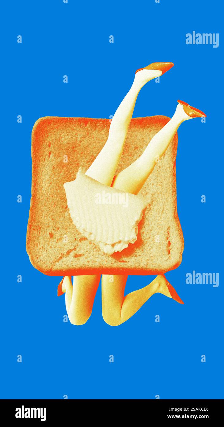 Contemporary art collage. Human legs emerge from buttered toast against ...