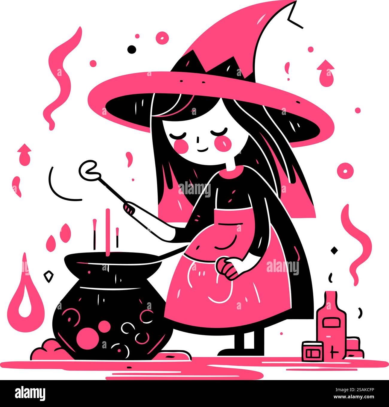 Vector illustration of a girl in a witch costume cooking potion in a ...