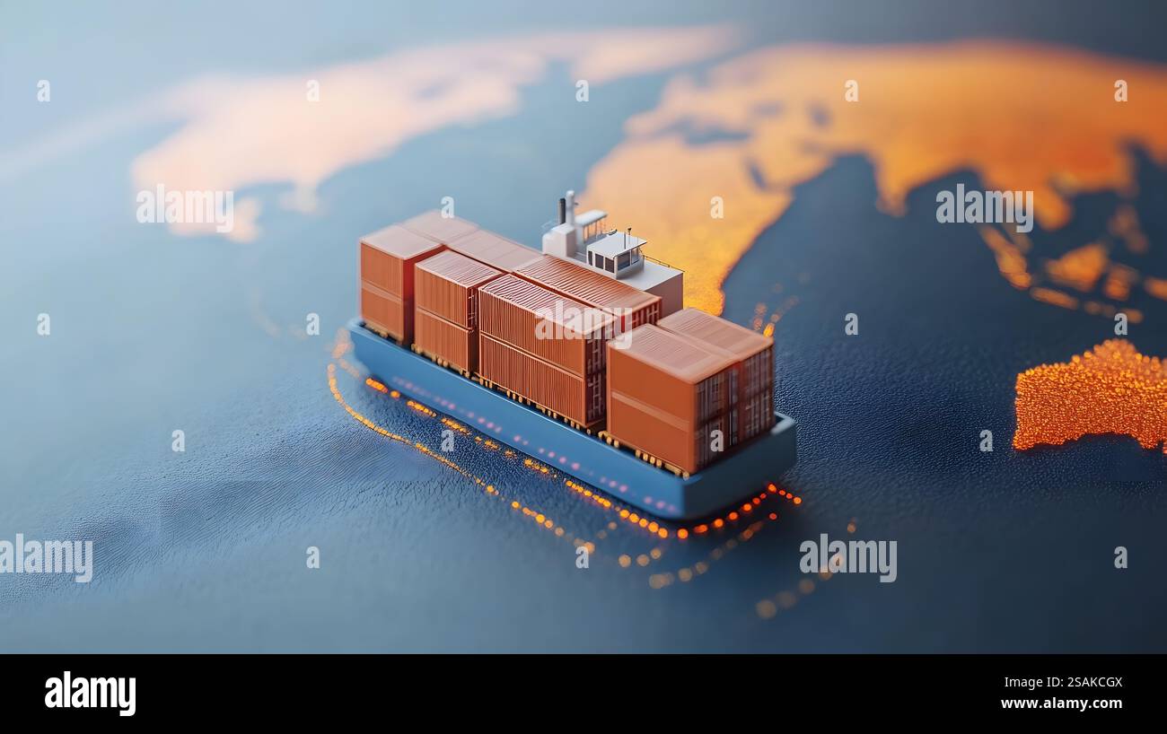 Simplified glowing shipping routes on a 3D global map with cargo ...