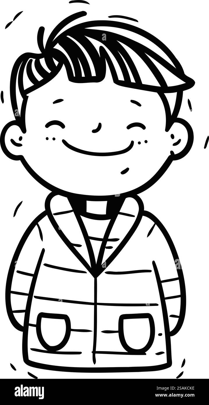 Black and White Cartoon Illustration of a Cute Boy Smiling Stock Vector ...