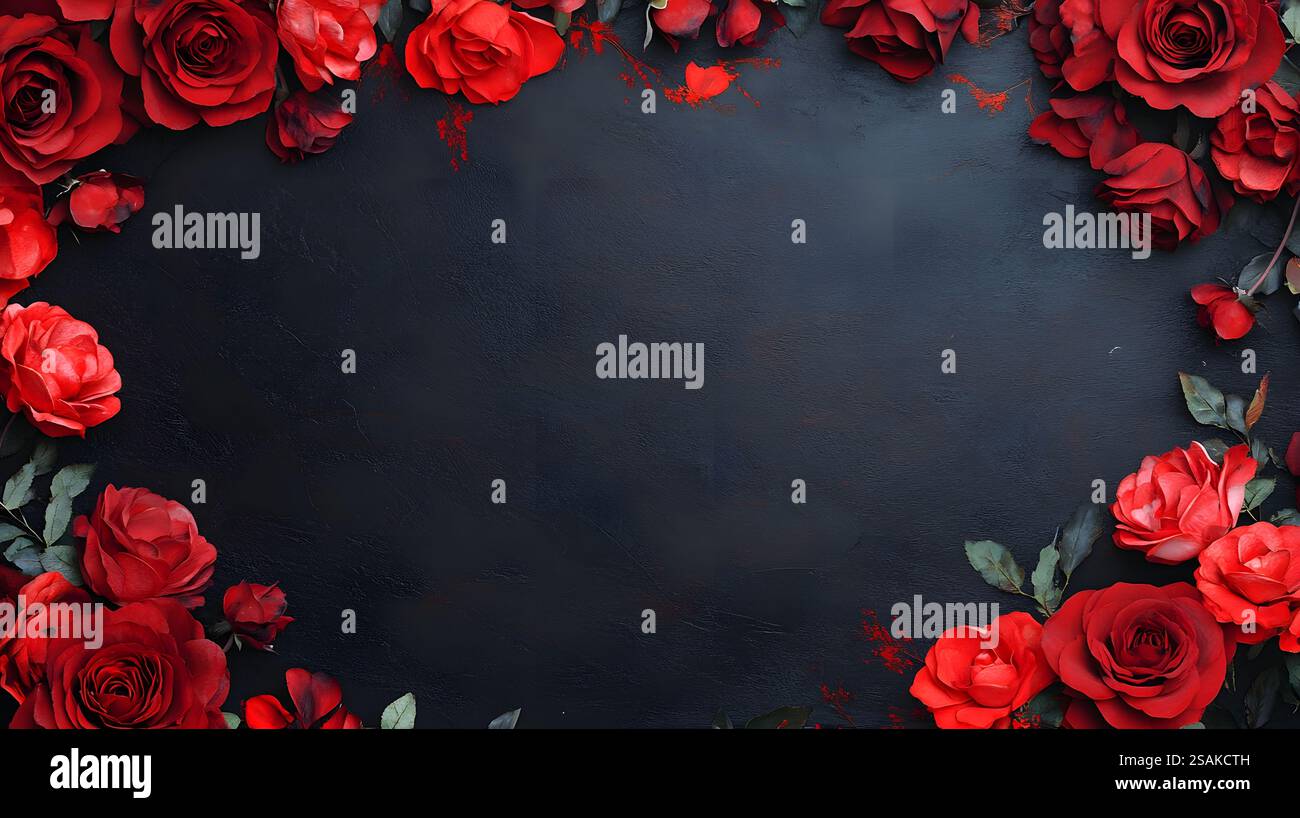 Dramatic crimson red roses arranged on a deep,dark black background ...