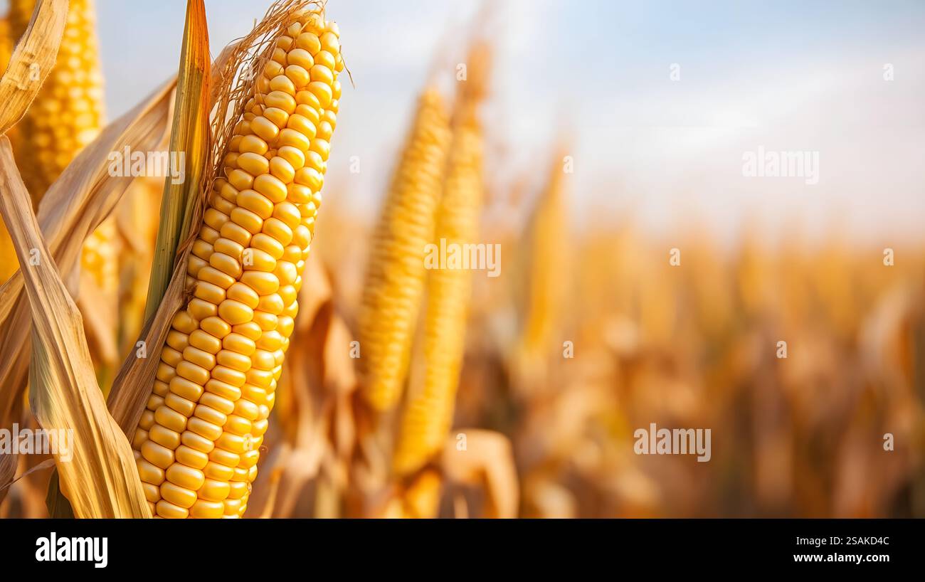Dried corn stalks remaining in a field after harvest,set against a ...
