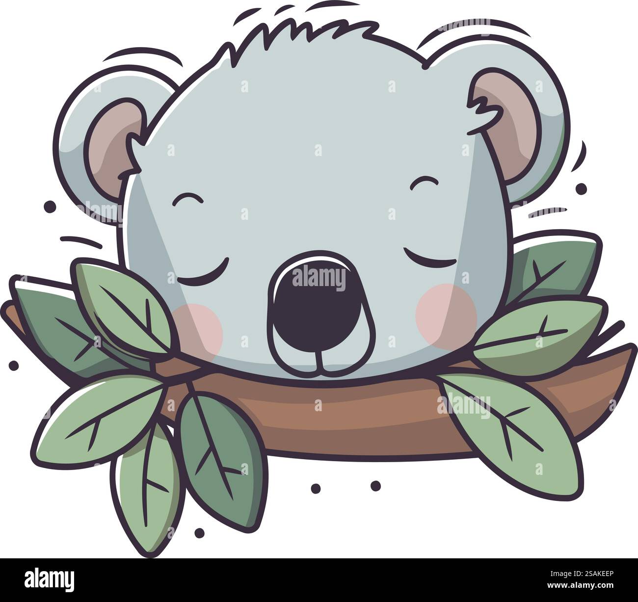 Cute koala sleeping on branch with leaves cartoon vector illustration ...