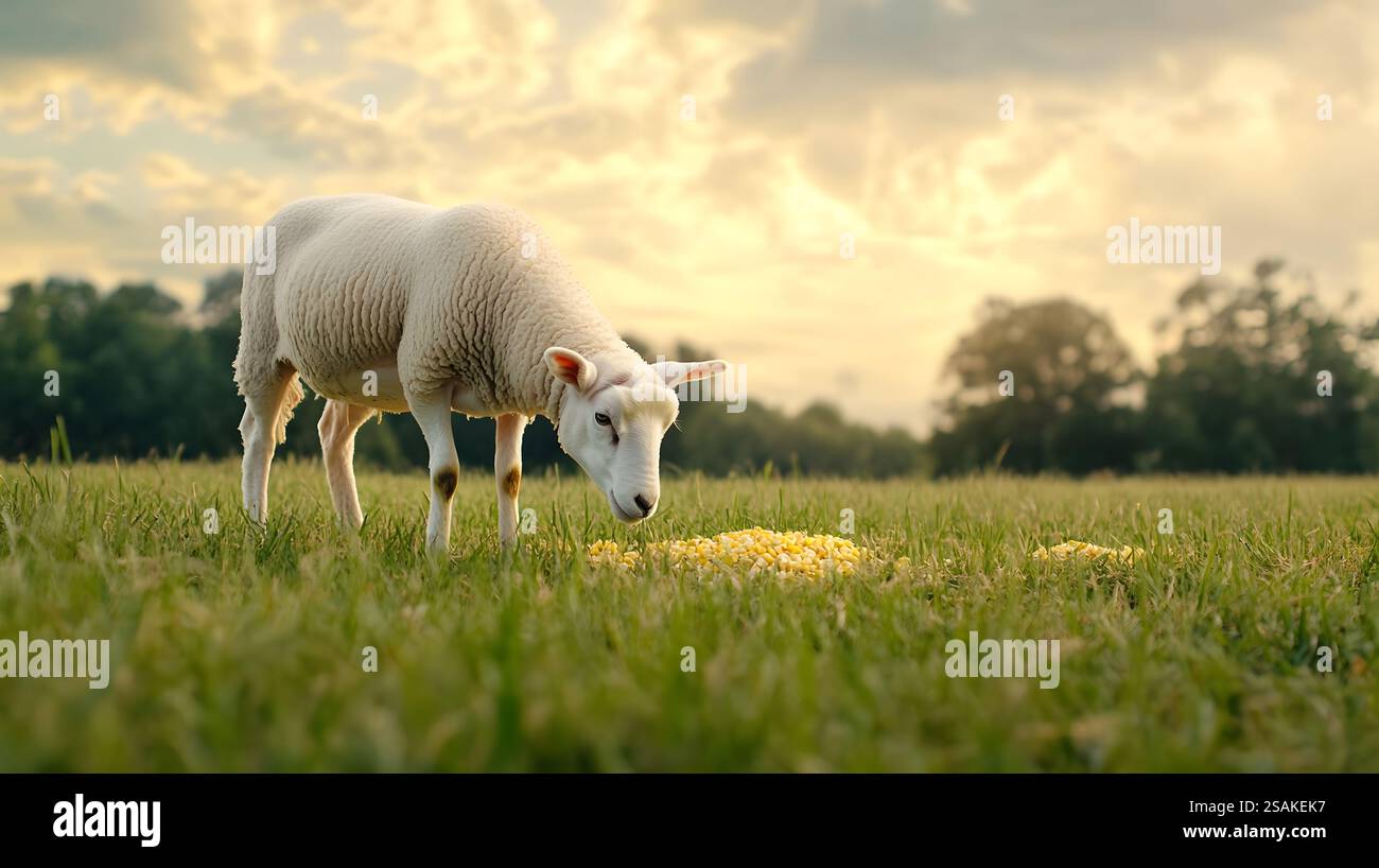 Sheep grazing peacefully in a lush pastoral field with supplemental ...