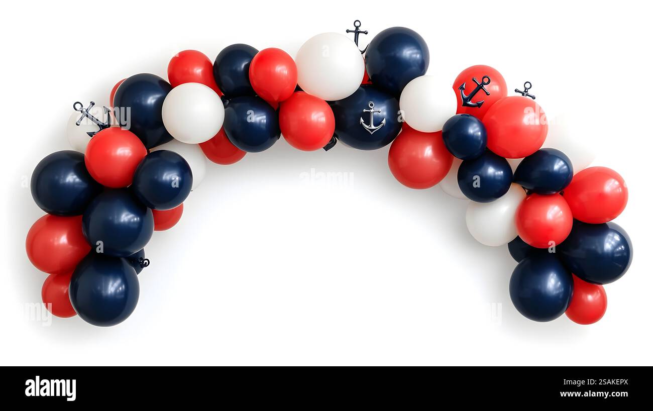 A colorful and nautical-themed balloon arc in navy blue,white,and red ...