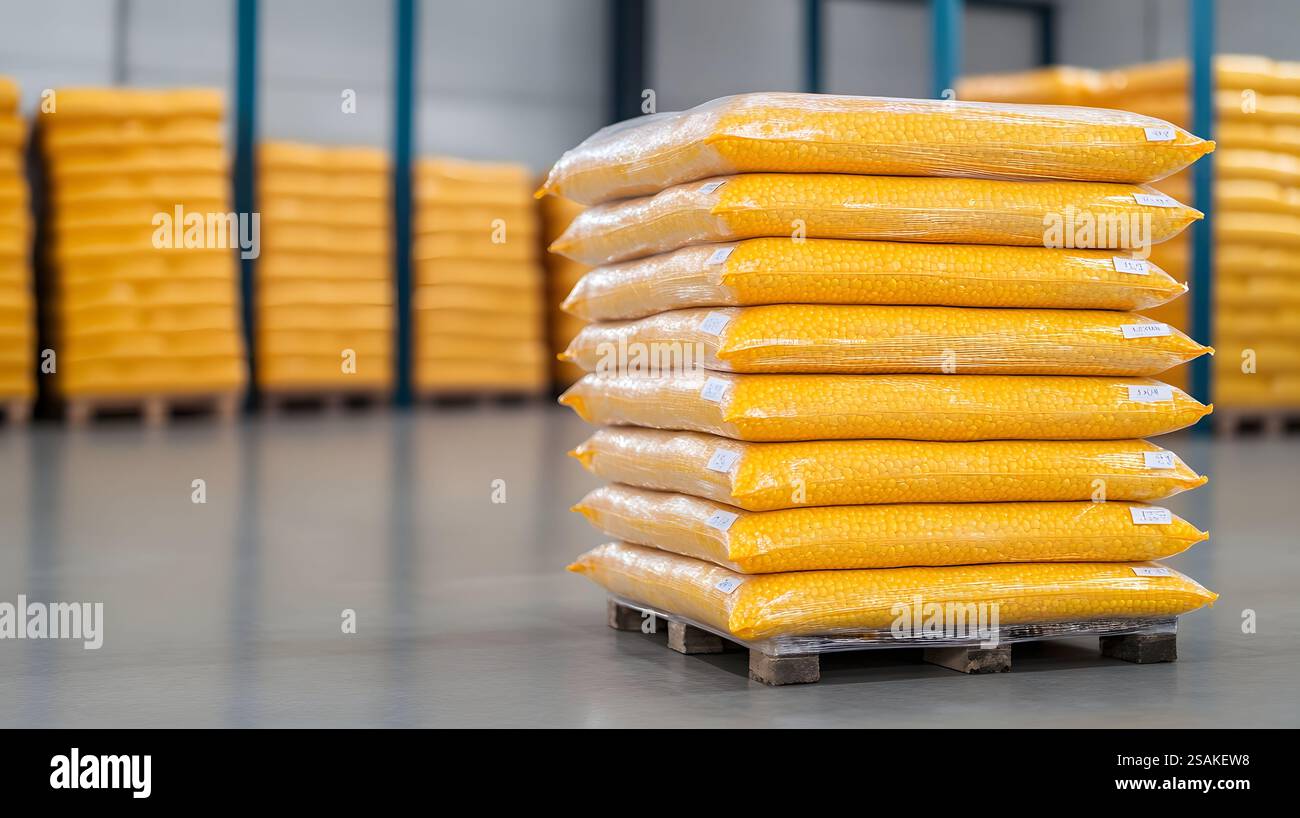 Stacks of yellow and orange corn feed bags labeled with nutritional ...