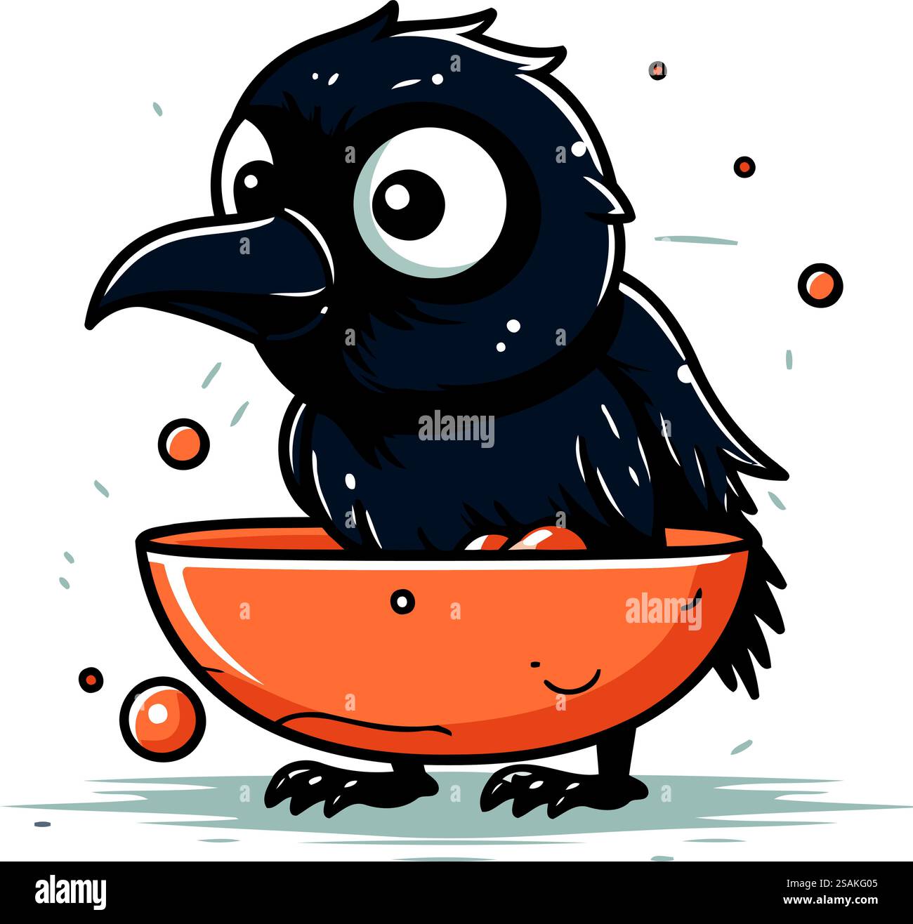 Cute black crow sitting in a bowl of water. Vector illustration Stock ...