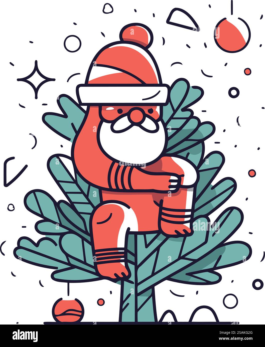 Santa Claus sitting on a tree. Vector illustration in flat linear style ...