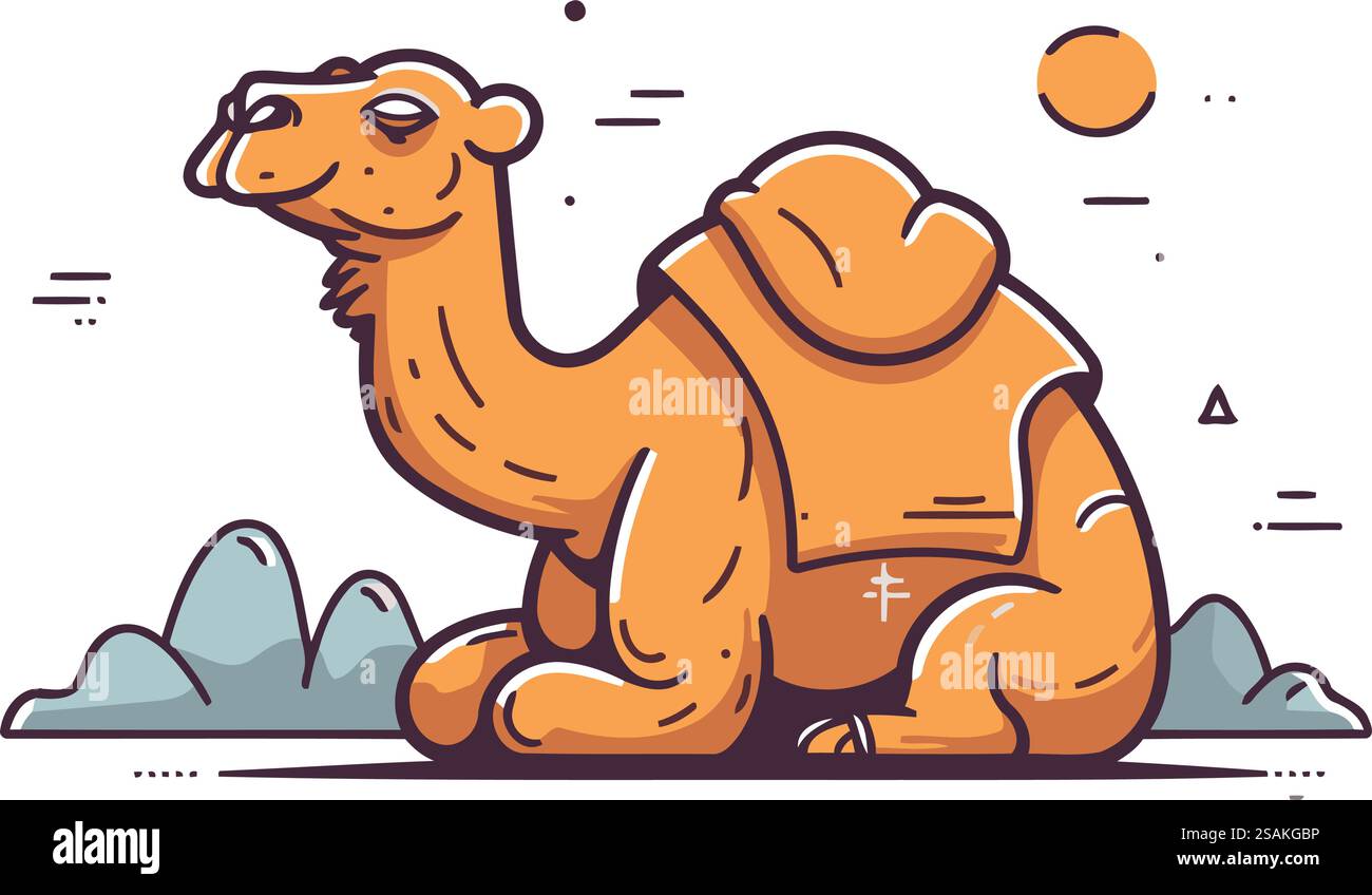 Cute camel sitting on the ground. Vector illustration in linear style ...