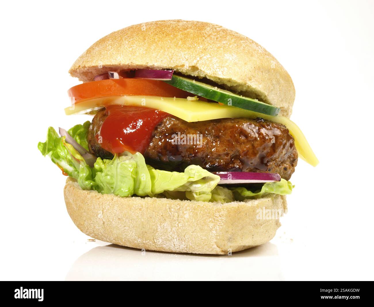 Hamburger on small Bun - Fast Food on white Background Stock Photo - Alamy