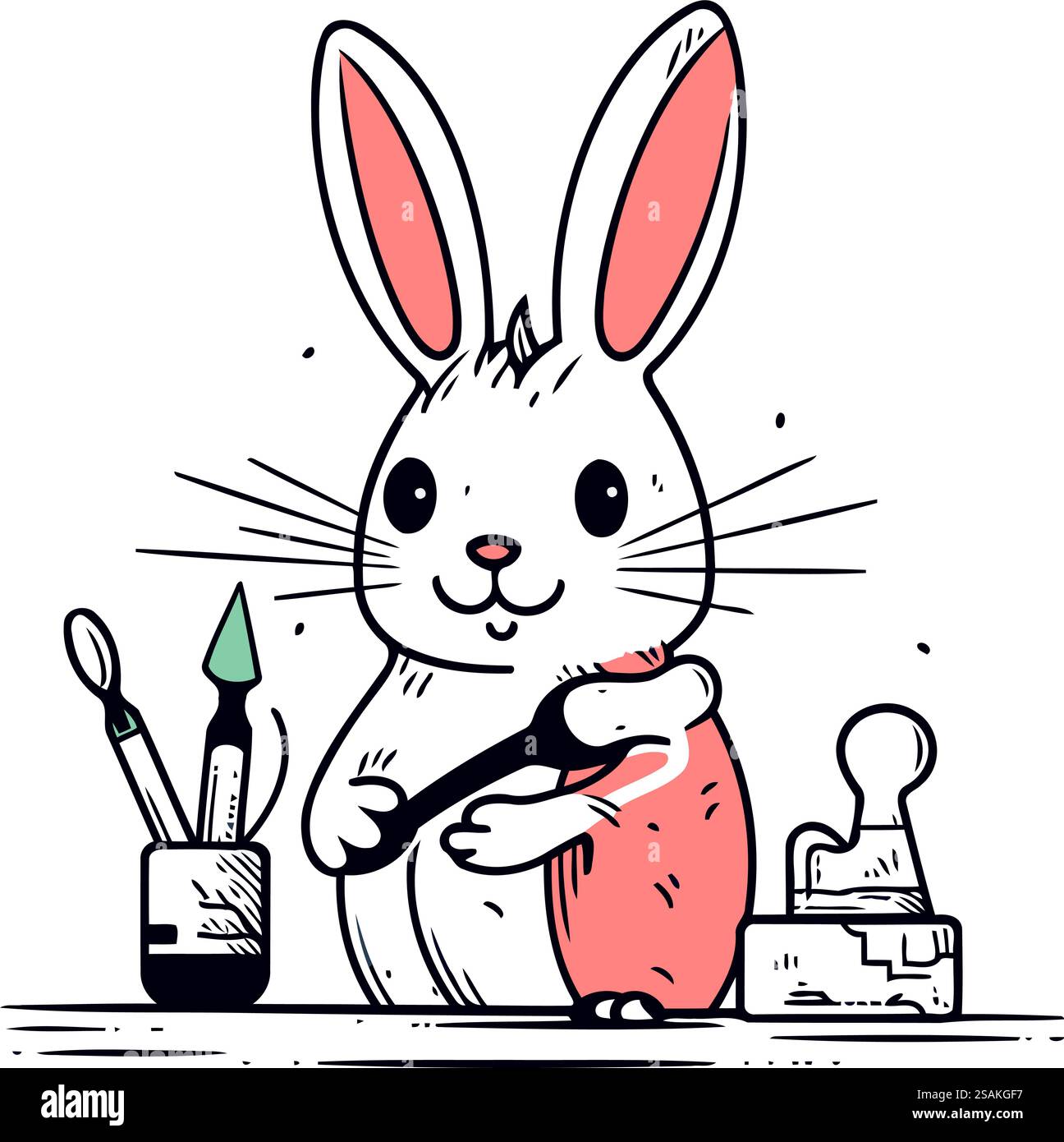 Cute hand drawn vector illustration of a cute cartoon hare with a brush ...