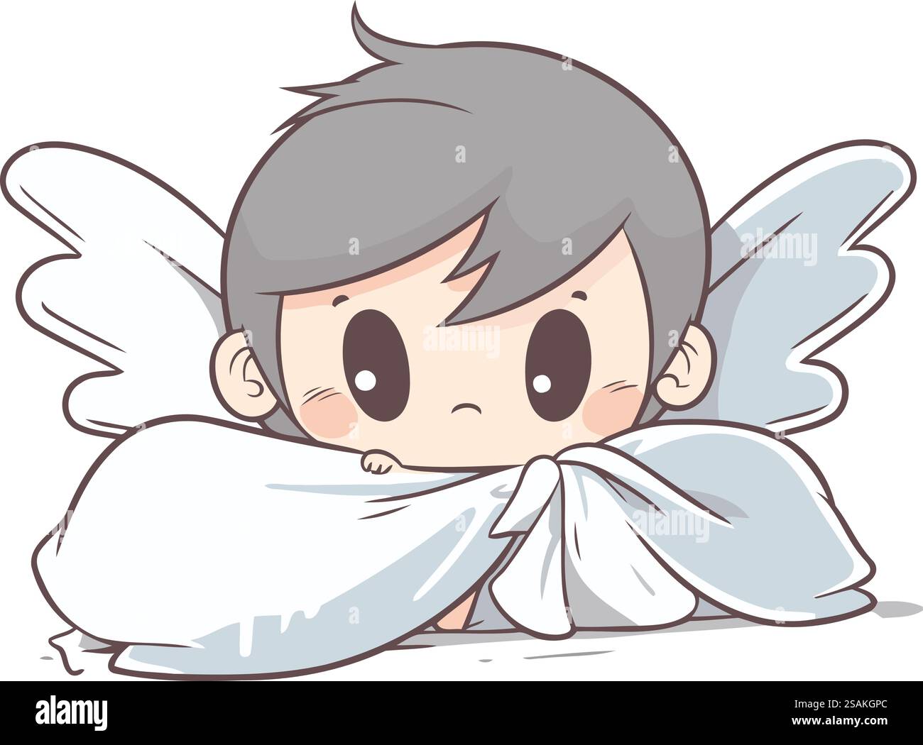 Cute angel boy with pillow and wings. Vector cartoon illustration Stock ...