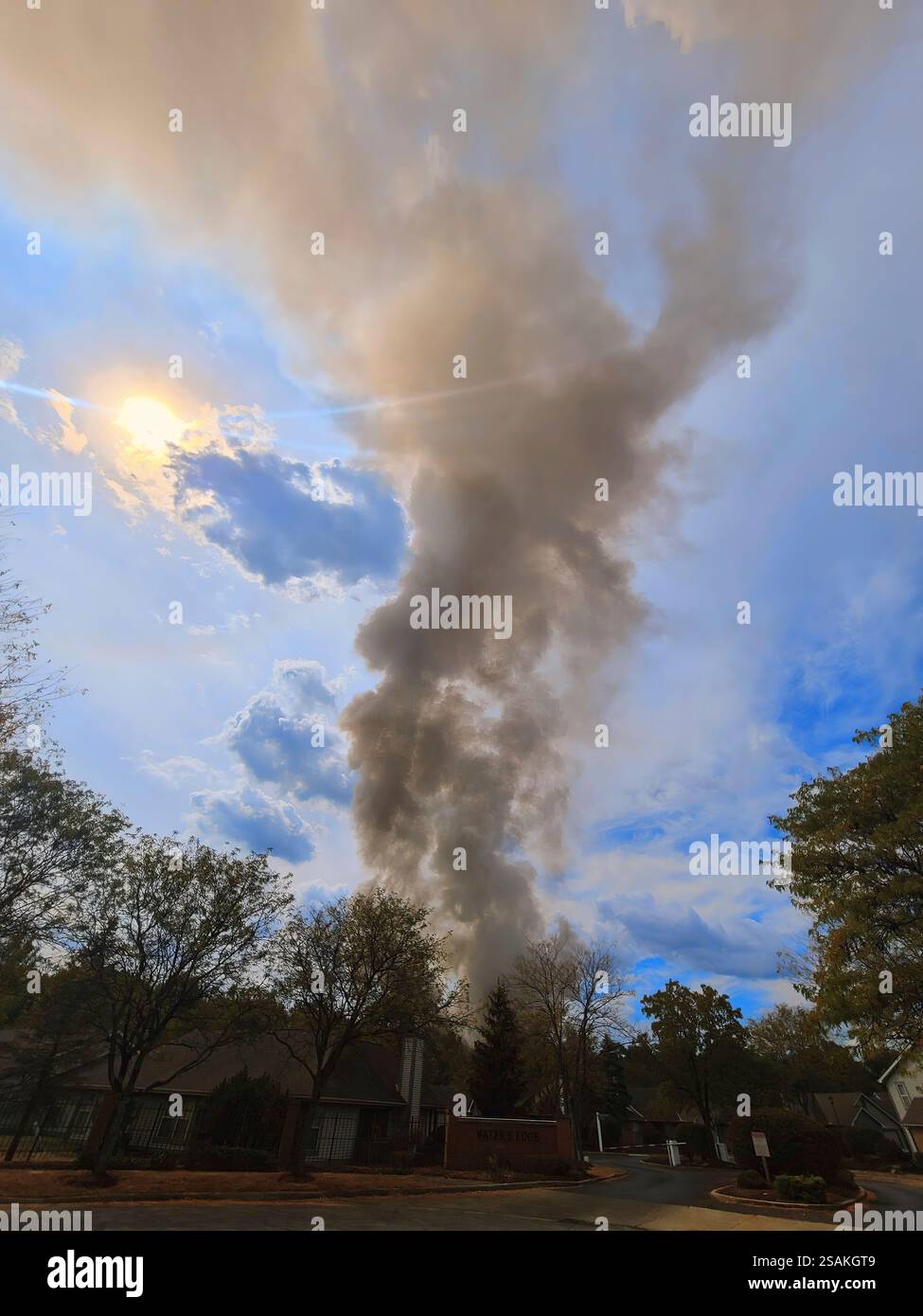 Towering Smoke Over Suburban Ohio Neighborhood Ground Perspective Stock ...
