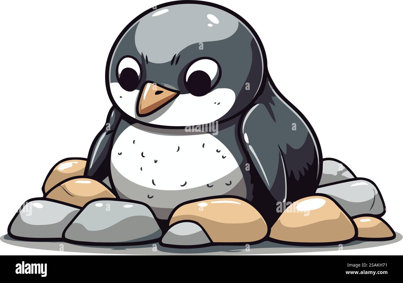 Cute penguin sitting on stones isolated on white background. Vector ...