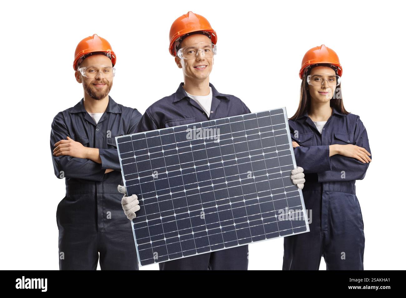 Team of factory workers in uniforms presenting a solar panel isolated ...