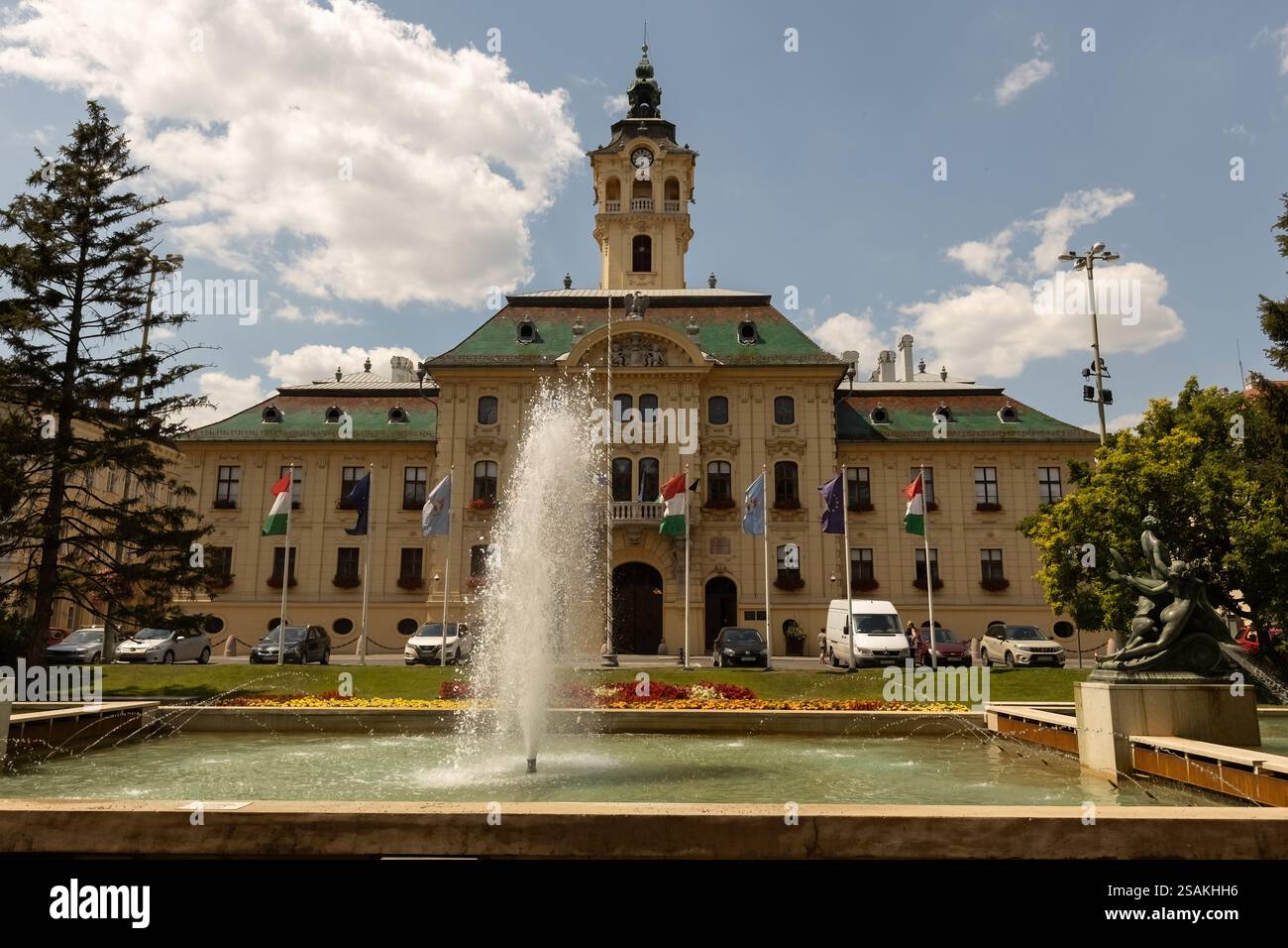 Szeged Town Hall view from the park faountain Szeged Hungary Stock ...