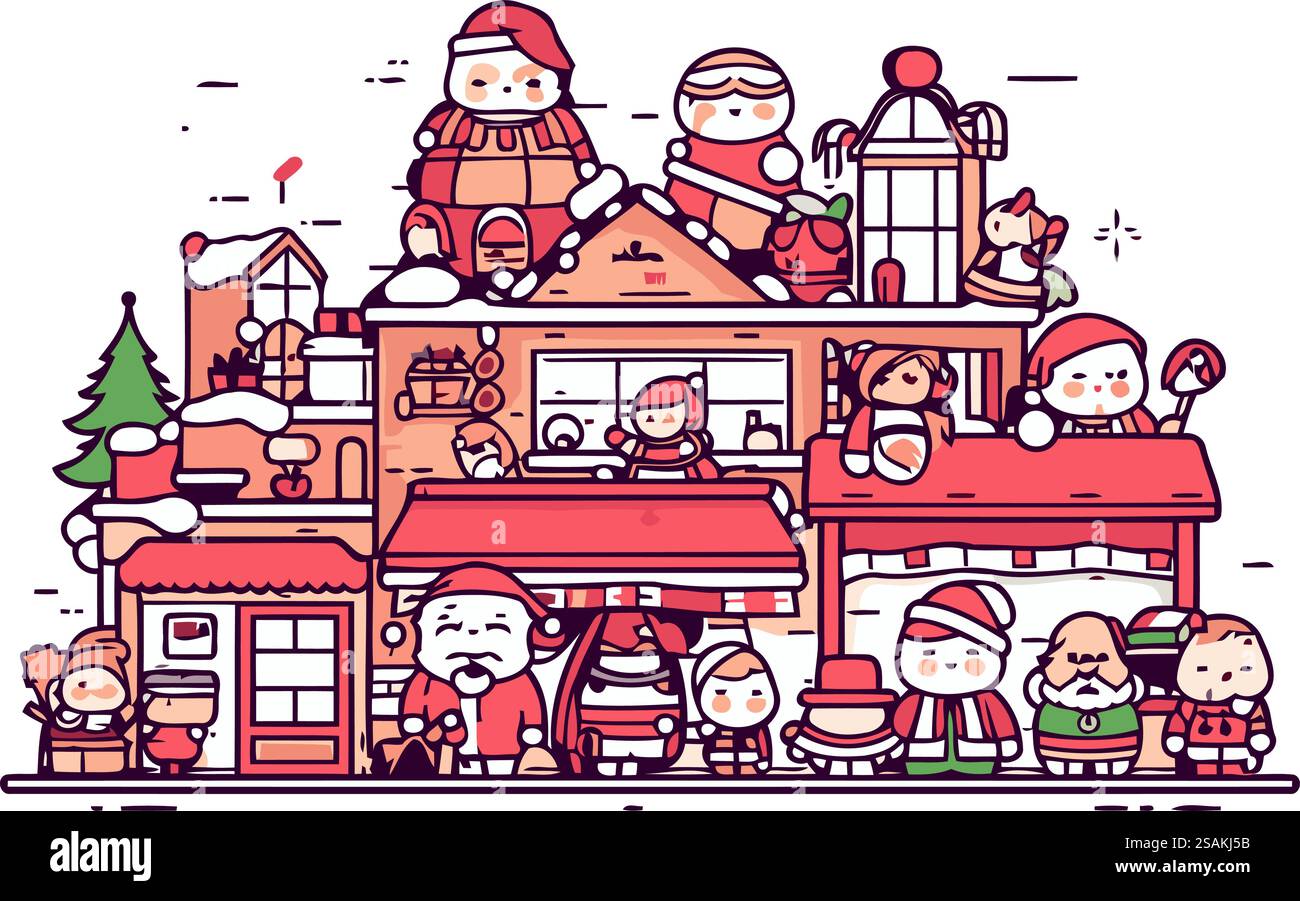 Vector illustration of Santa Claus and children in front of a shop ...