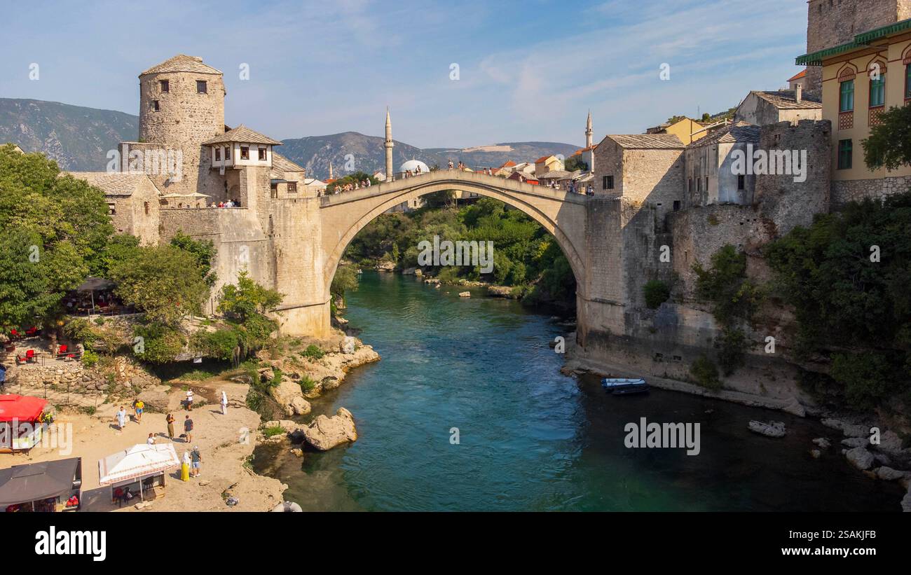 Top view of famous Mostar bridge. Aerial landscape view of tourist ...