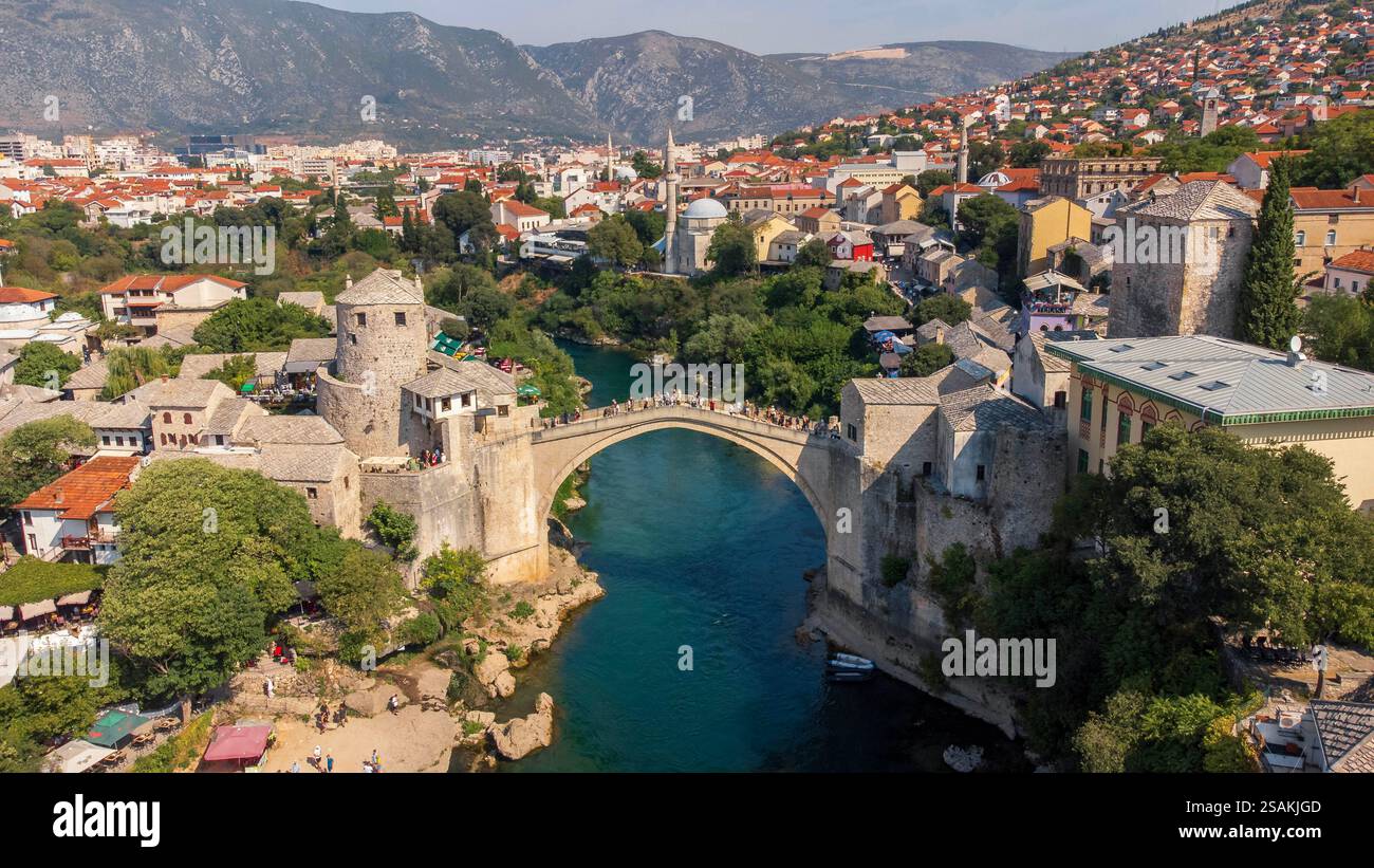 Aerial view of the Old Bridge of Mostar. Stari Most with city ...