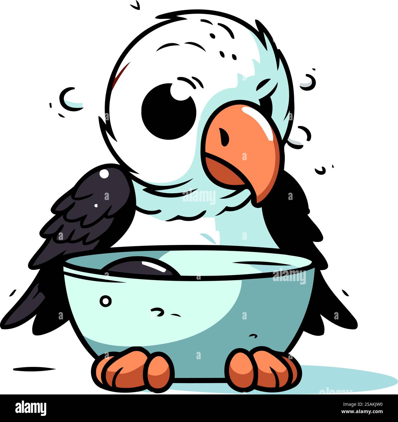 Cute cartoon parrot eating from a bowl. Vector illustration Stock ...