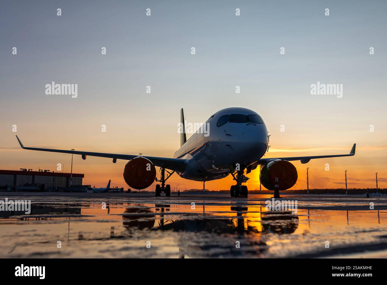 Modern passenger plane on the airport against the backdrop of a scenic ...