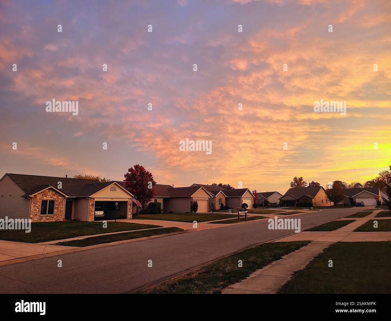 Serene Suburban Sunset with Patriotic Touch Eye-Level Perspective Stock ...