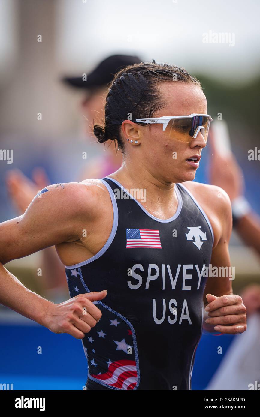 Taylor Spivey participating in the triathlon at the Paris 2024 Olympic ...