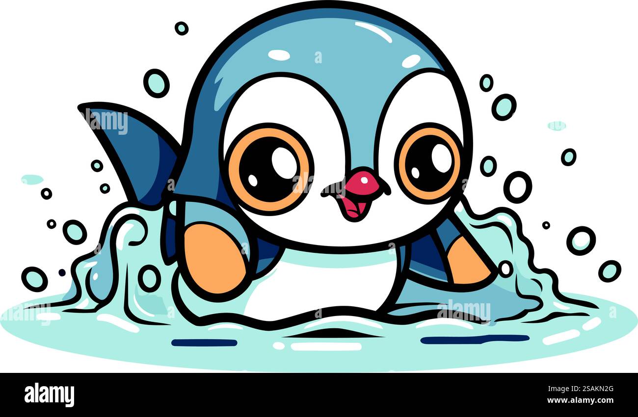 Cute cartoon penguin swimming in the water. Vector illustration Stock ...