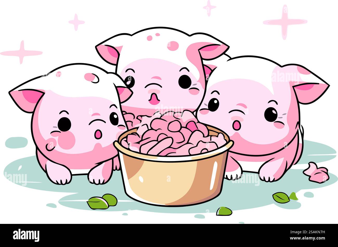Cute pigs eating from a bowl of dry food. Vector illustration Stock ...