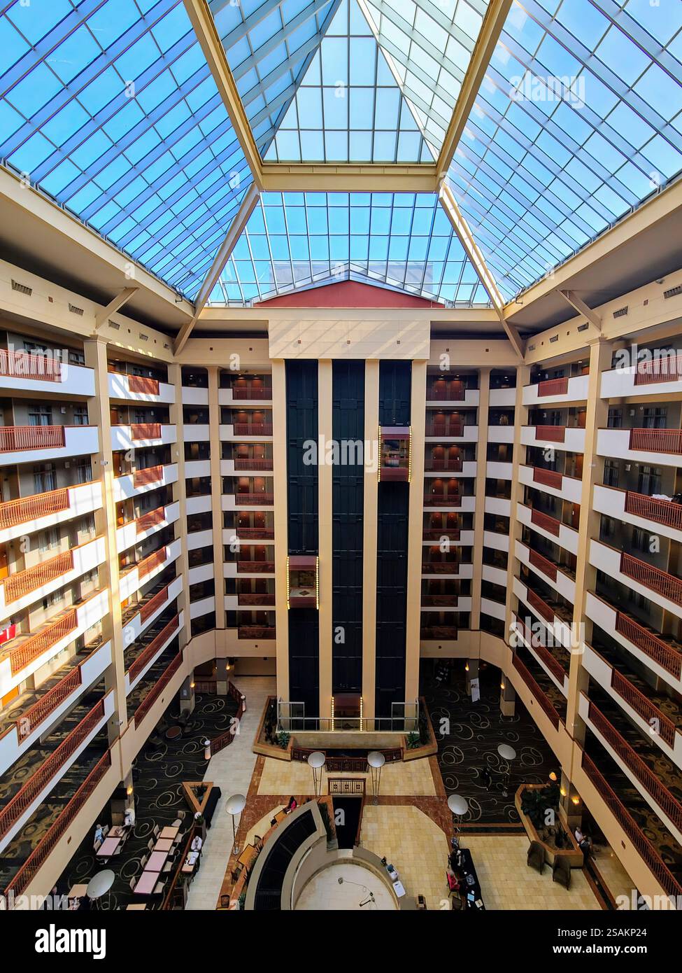 Modern Hotel Atrium with Glass Ceiling and Tiered Balconies Eye-Level ...