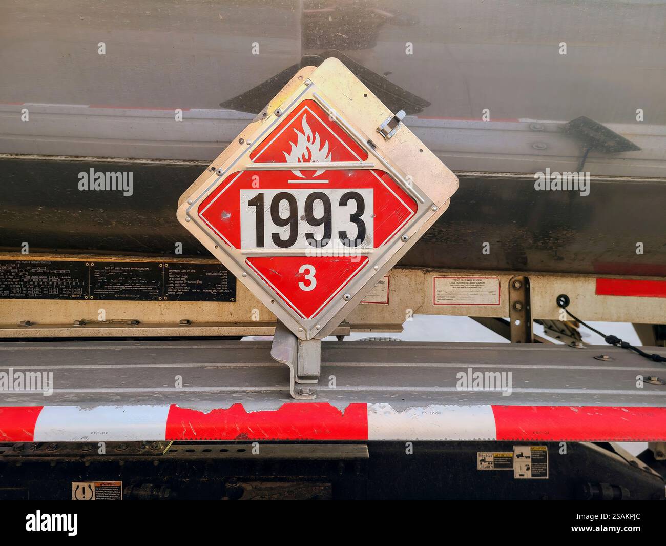 Flammable Liquid Placard on Tanker Truck Eye-Level Close-Up Stock Photo ...