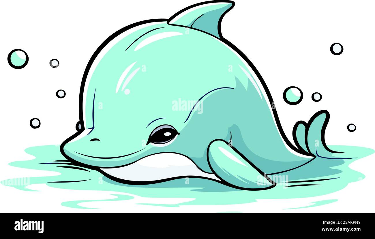 Cute cartoon dolphin swimming in the water. Vector illustration ...