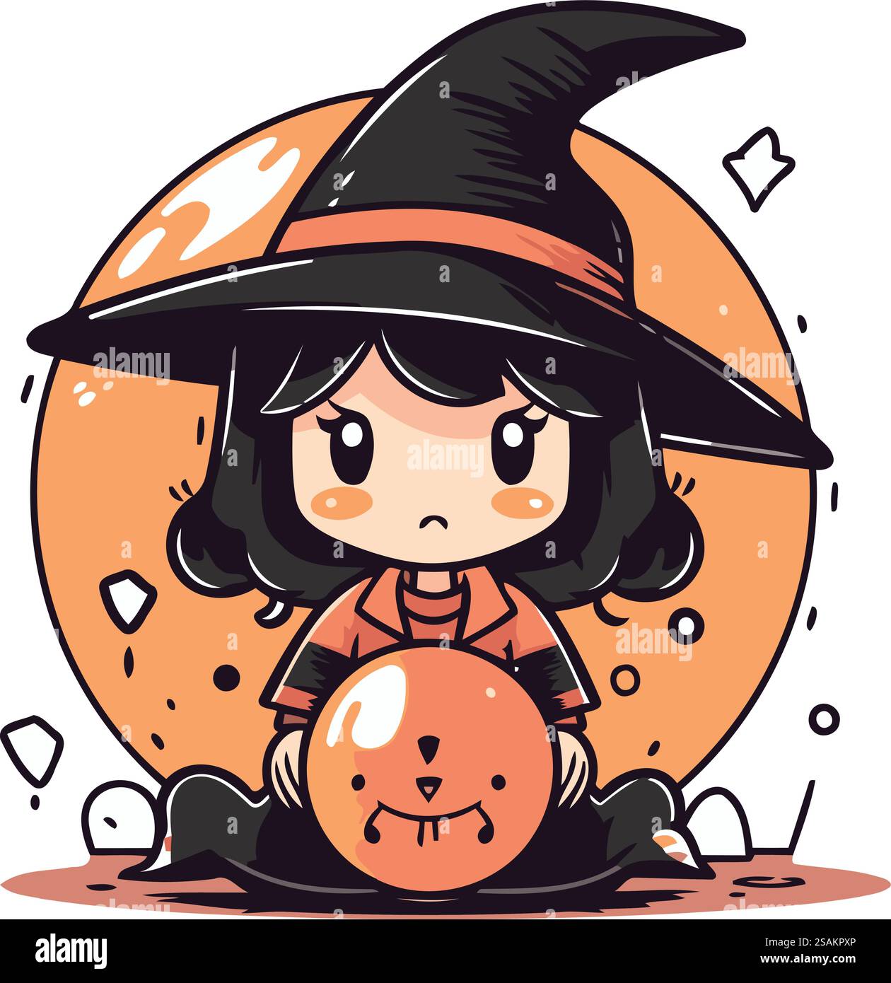 Cute little witch girl with a magic ball. Vector illustration Stock ...