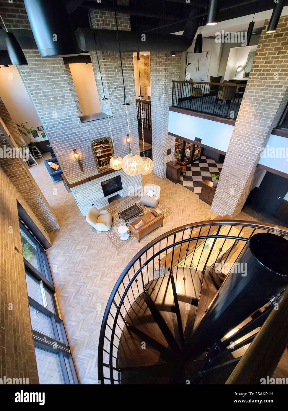 Spiral Staircase and Industrial Loft Interior High Angle View Stock ...