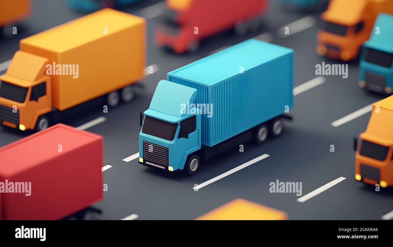 Cluster of Cargo Trucks on a Streamlined Road Map,Clean 3D Depicting ...