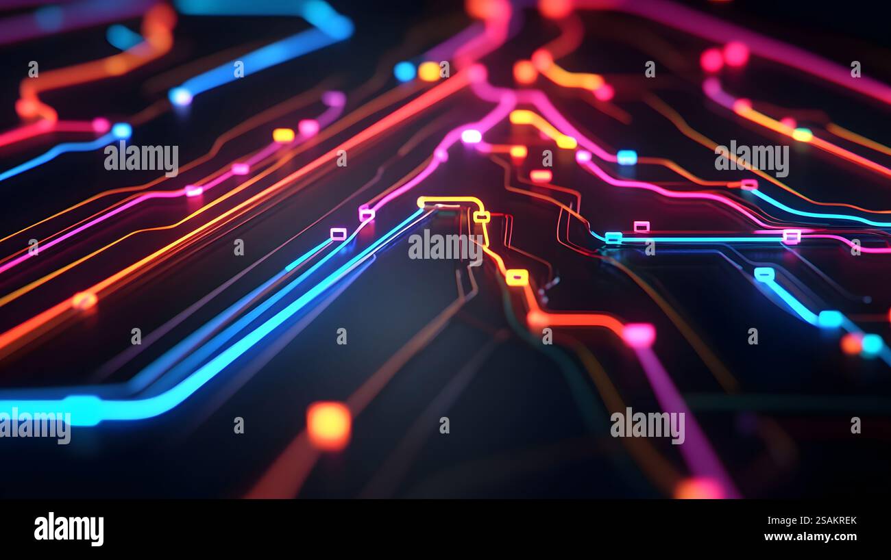 Futuristic 3D depicting a glowing,digital underground subway map with a ...
