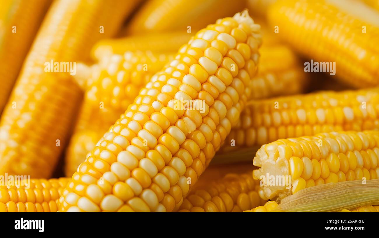 Close-up of freshly harvested corn cobs used as a raw material for ...