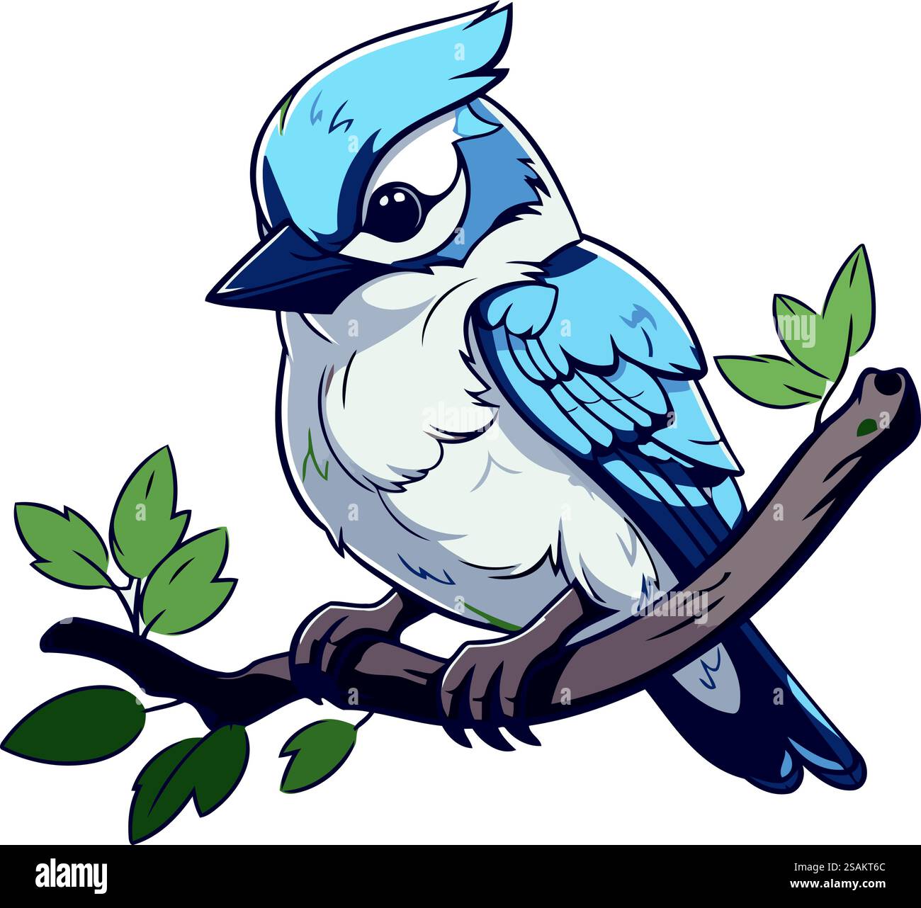 Cute cartoon blue jay bird sitting on a branch. Vector illustration ...