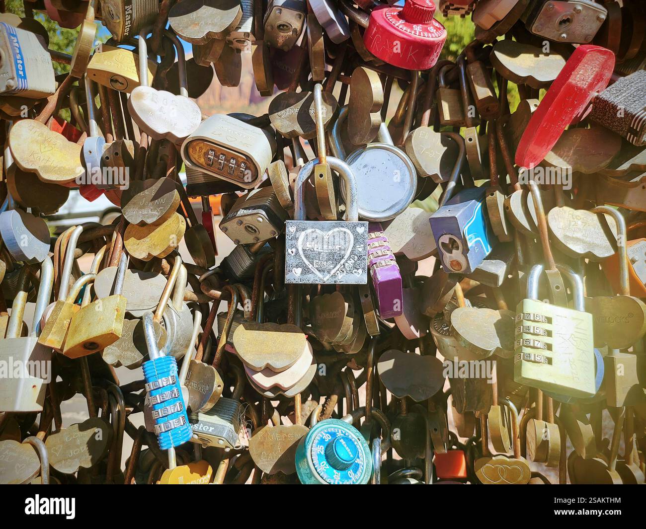 Love Locks Cluster on Fence Symbolizing Romance Eye-Level Perspective ...