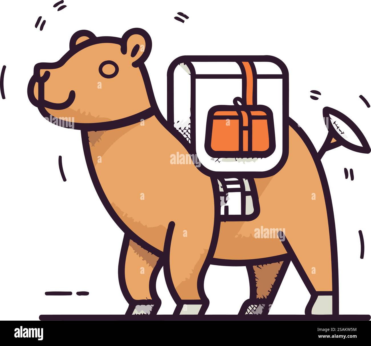 Vector illustration of cute cartoon brown bear with backpack. Flat line ...