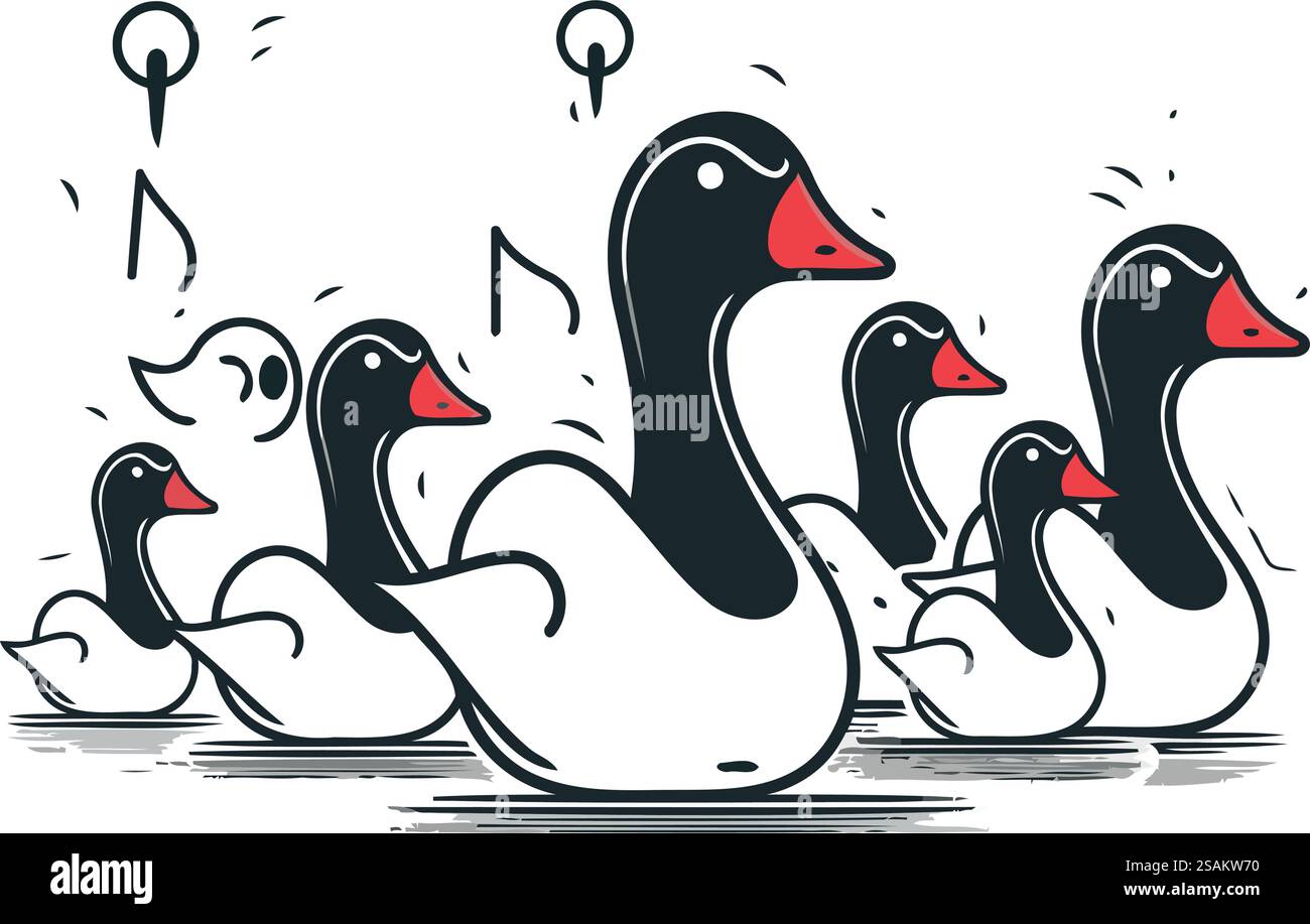 Vector illustration of a flock of ducks on a white background. Black ...