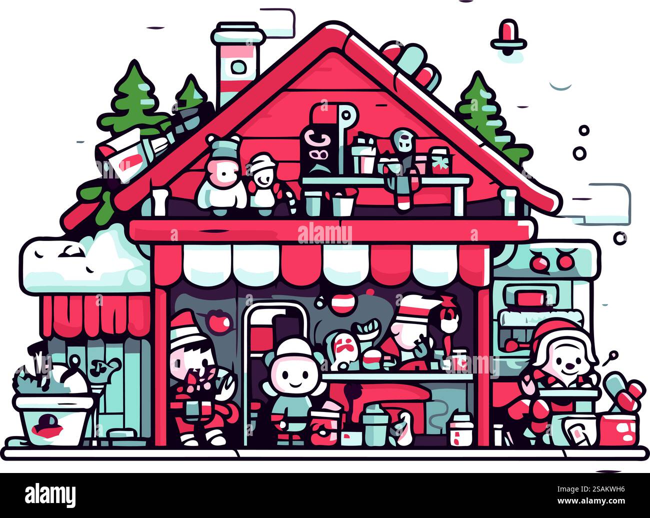Santa Claus and snowman in front of a shop. Vector illustration Stock ...