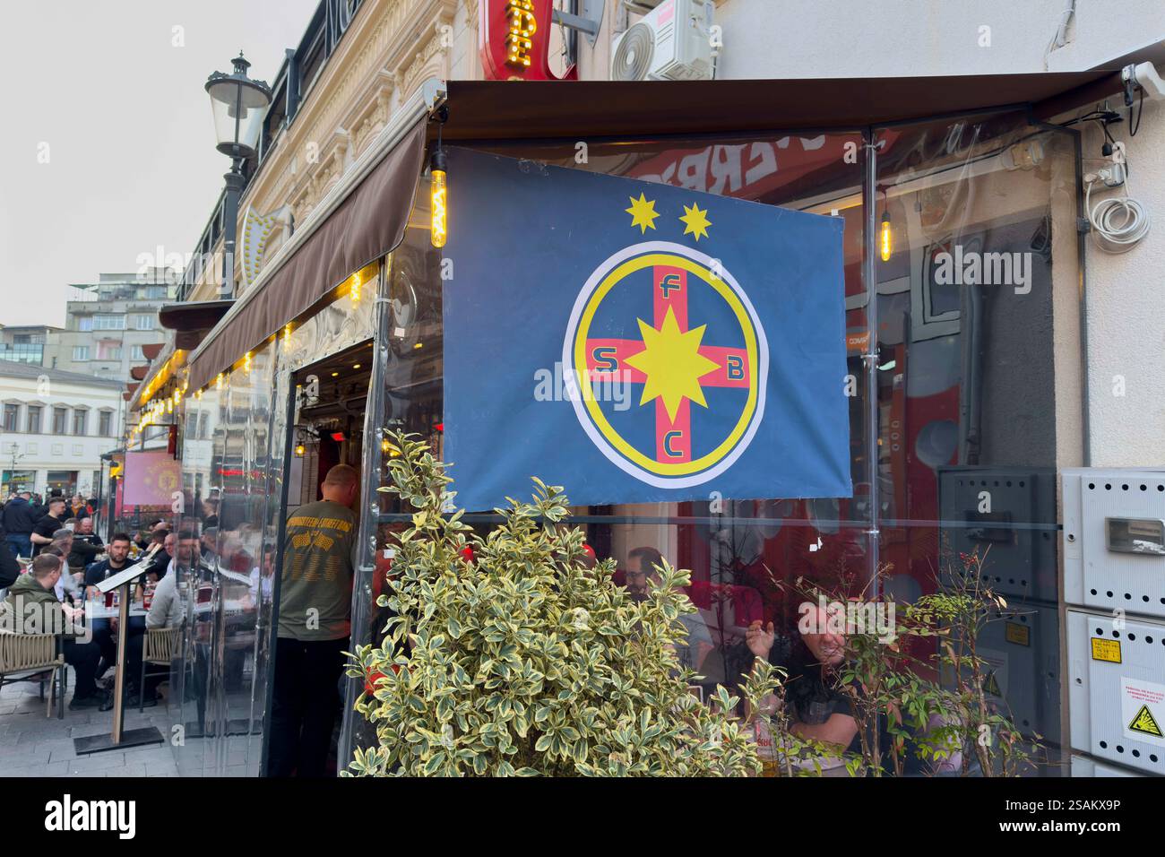 Bucharest, Romania. 30th Jan, 2025. FCSB flag in Old Town ahead of the ...